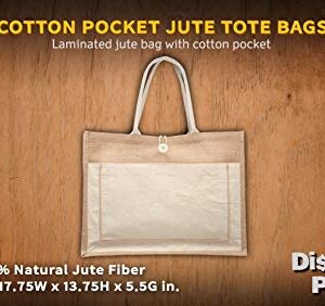 DISCOUNT PROMOS Jute Tote Bags with Cotton Pocket Set of 6, Bulk Pack - Reusable, Great for Picnic, Camping, Beach, Outdoor Activities - Natural