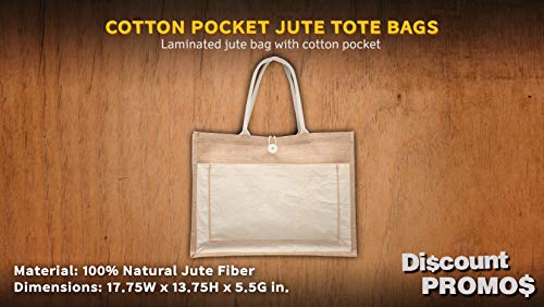 DISCOUNT PROMOS Jute Tote Bags with Cotton Pocket Set of 6, Bulk Pack - Reusable, Great for Picnic, Camping, Beach, Outdoor Activities - Natural