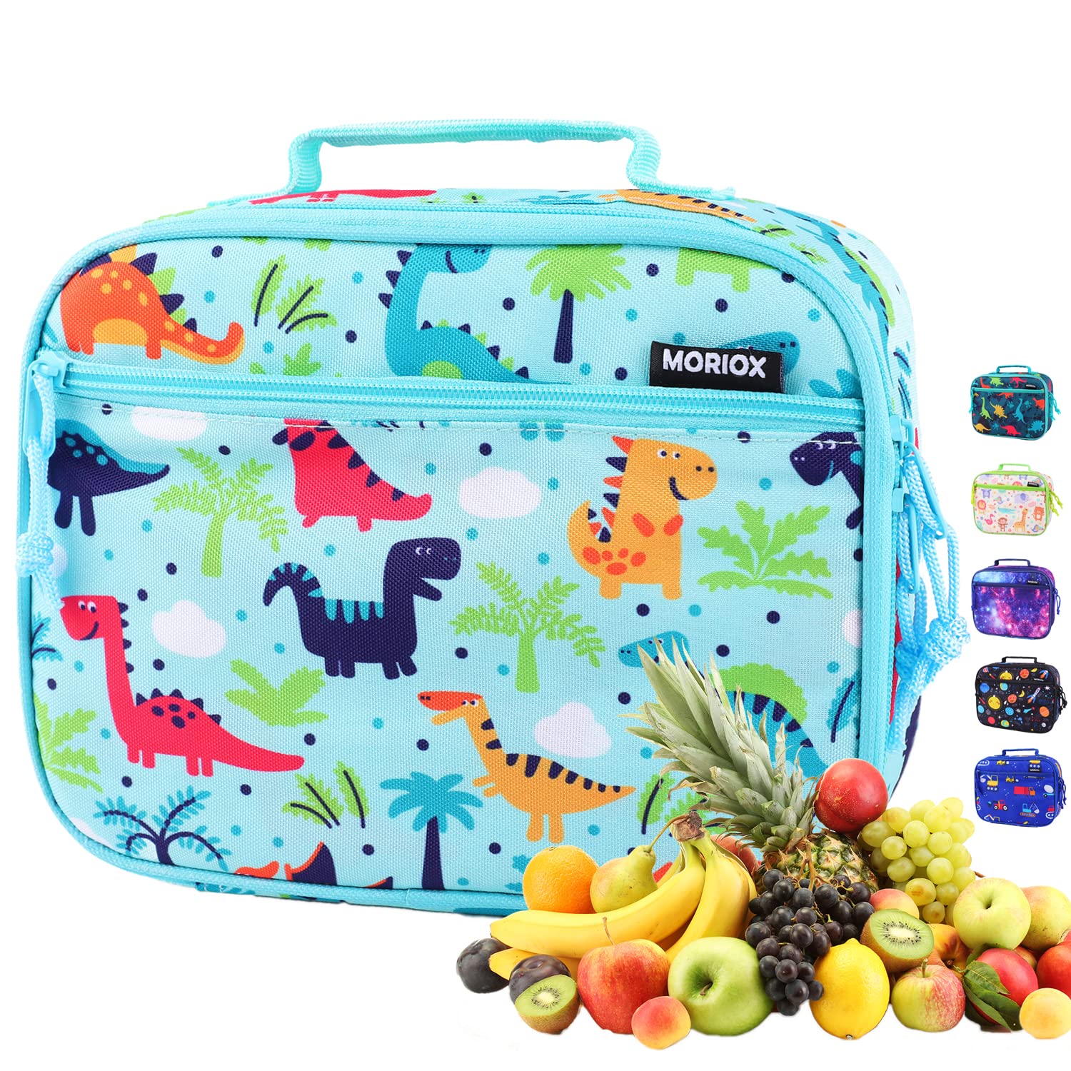 MORIOX Kids Dino Lunch Box, Cute Dinosaur Insulated Soft Bag Mini Cooler Back to School Thermal Meal Tote Kit for Boys Girls, Teal