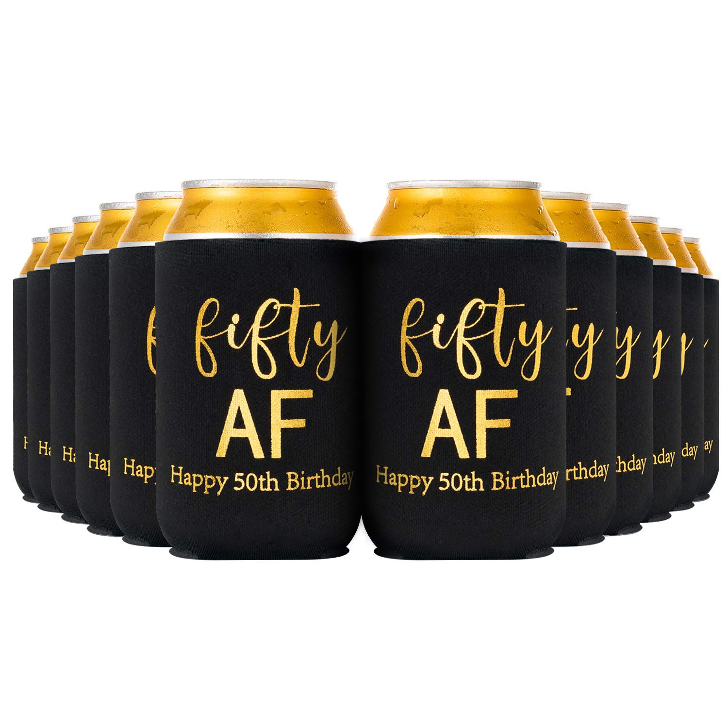 Crisky Fifty Can Cooler, 50th Birthday Decorations Beer Sleeve Party Favor, Can Covers with Insulated Covers, 12-Ounce Neoprene Coolers for Soda, Beer, Can Beverage, 12 Black Gold