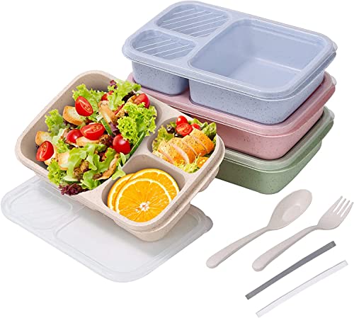 Mcostar Bento Lunch Box, 4 Pack Lunch Box for Kids, 3-Compartment Meal Prep Containers Reusable, Durable BPA Free Wheat Straw Food Storage Bento Boxes Suitable for Schools, Companies,Work and Travel