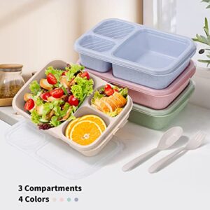 Mcostar Bento Lunch Box, 4 Pack Lunch Box for Kids, 3-Compartment Meal Prep Containers Reusable, Durable BPA Free Wheat Straw Food Storage Bento Boxes Suitable for Schools, Companies,Work and Travel