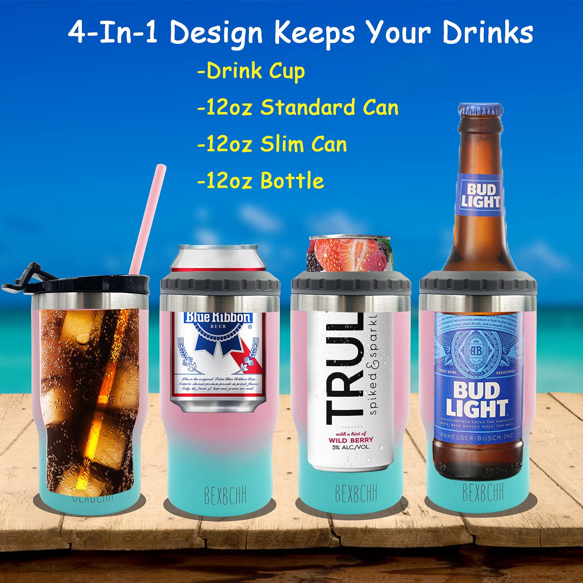 Bexbchh 4-in-1 Slim Can Cooler for 12oz Cans and Beer Bottles,Stainless Steel Double-Wall Insulated Beer Cooler,Universal Beverage Can Holder Keep Drinks Cold,Can Coozie Insulated for Beer, Soda