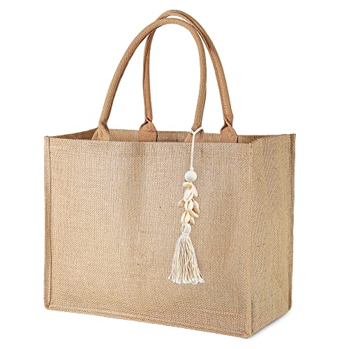 BeeGreen Beach Bag for Women Jute Gift Tote Bag w Inner Zipper Pocket & Cotton Handles Large BurlapTote Bag w White Tassel & Shells Accessories for Vacation Bridemaid Shopping Bag for DIY Decorating