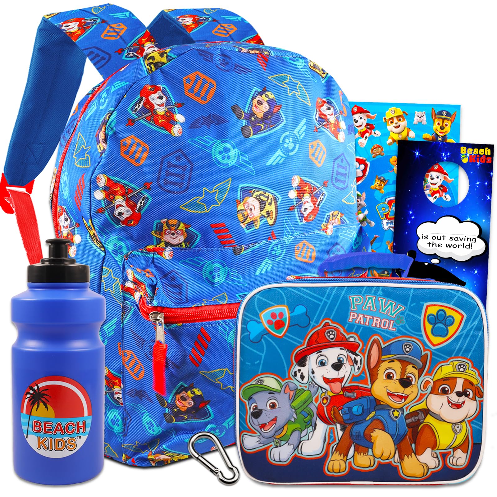 Paw Patrol Backpack and Lunch Box for Kids - 7 Pc Bundle with 16" Paw Patrol School Backpack, Lunch Bag, Water Bottle, Stickers, Stampers and More (Paw Patrol School Supplies)