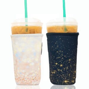 Baxendale and Co Reusable Neoprene Insulator Sleeves for Iced Coffee and Cold Drink Cups (2 PK Medium 22-24oz, Gold/Black Glitter Print)