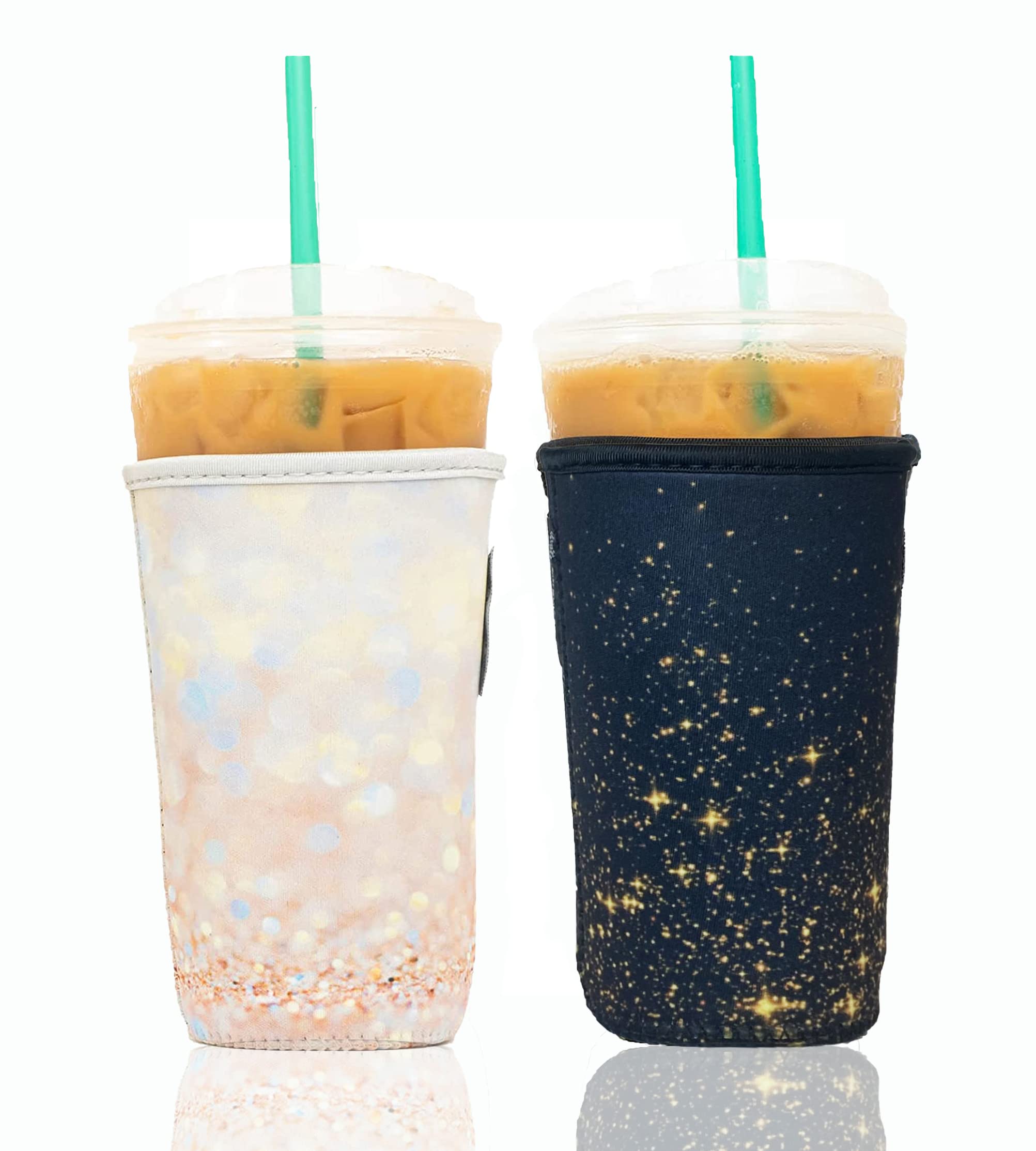 Baxendale and Co Reusable Neoprene Insulator Sleeves for Iced Coffee and Cold Drink Cups (2 PK Medium 22-24oz, Gold/Black Glitter Print)