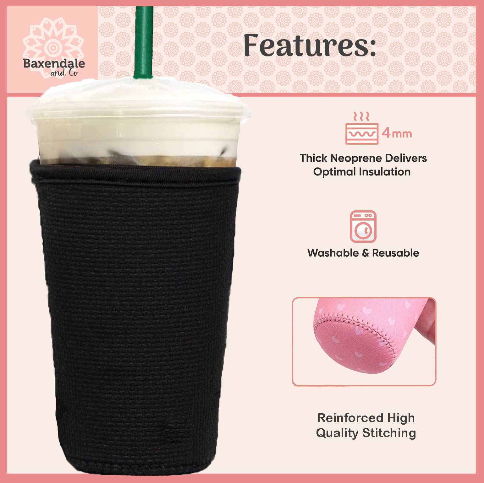 Baxendale and Co Reusable Neoprene Insulator Sleeves for Iced Coffee and Cold Drink Cups (2 PK Medium 22-24oz, Gold/Black Glitter Print)