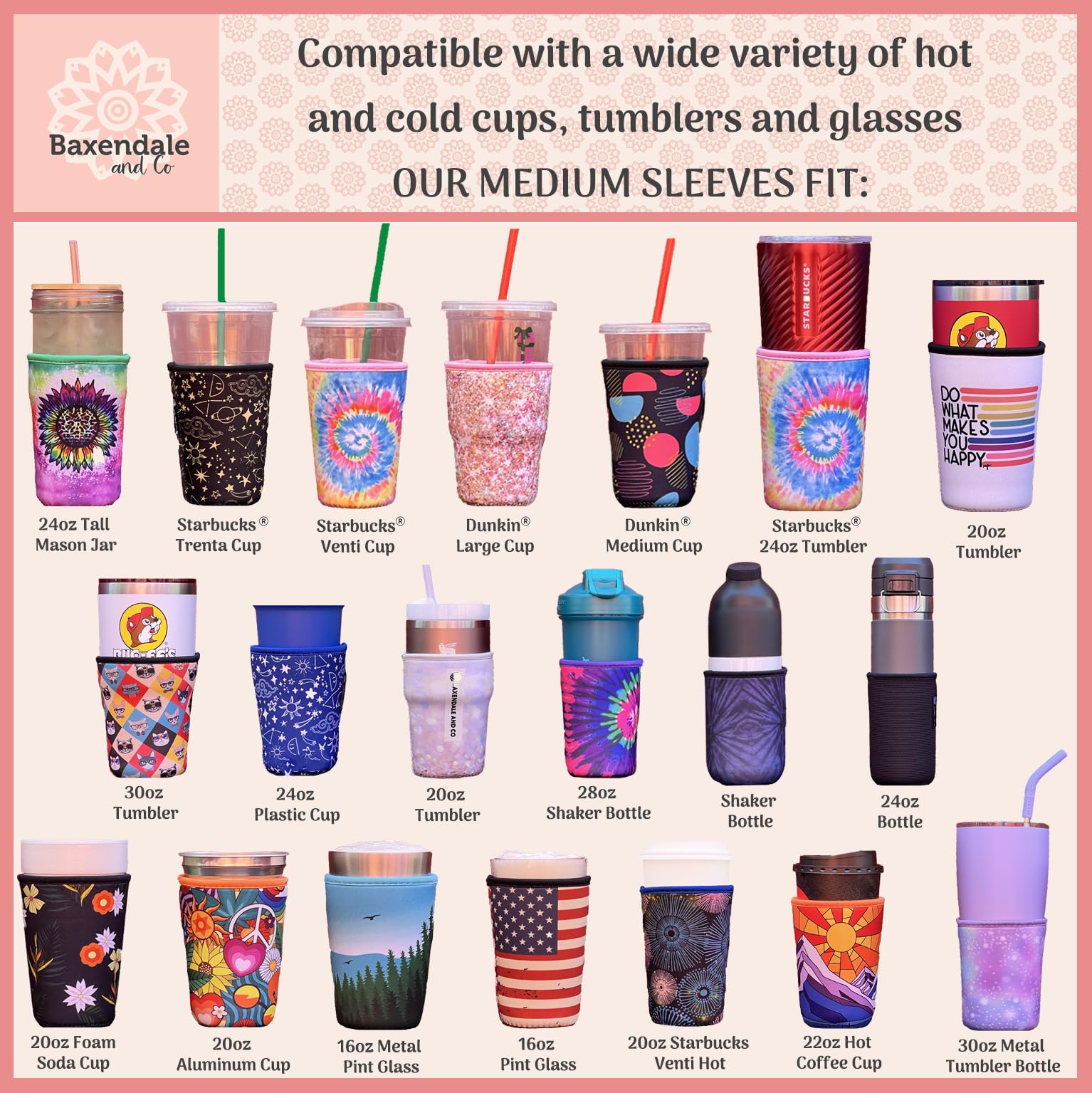 Baxendale and Co Reusable Neoprene Insulator Sleeves for Iced Coffee and Cold Drink Cups (2 PK Medium 22-24oz, Gold/Black Glitter Print)