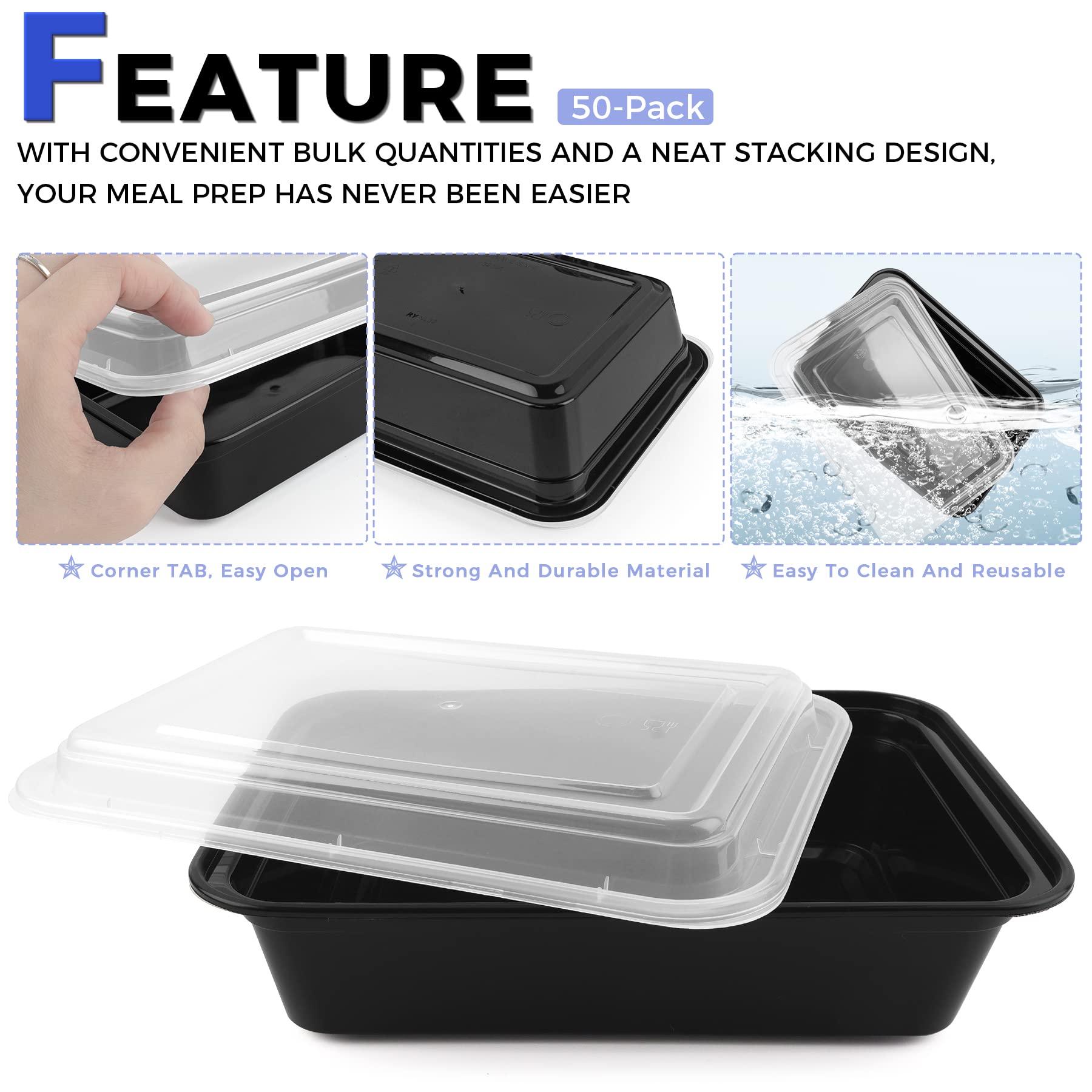 AUEAR, Meal Prep Containers 50 Pack 38 Oz - One Compartment Bento Box with Lids - BPA Free - Freezer/Microwave/Dishwasher Safe