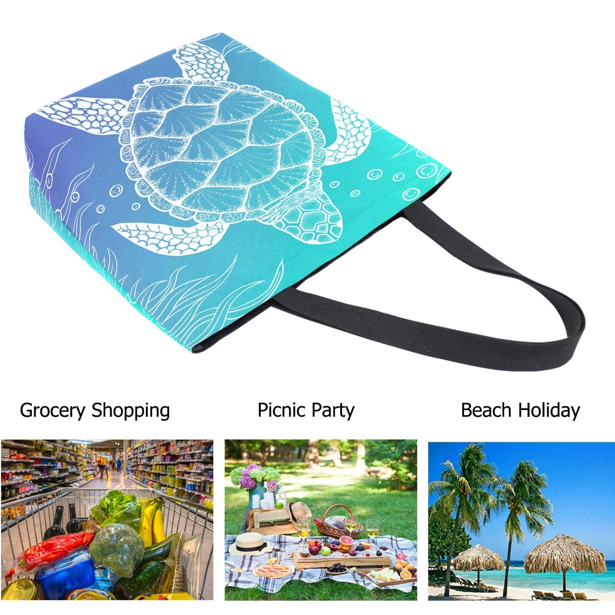 ZzWwR Chic Underwater Sea Turtle Seaweed Print Extra Large Canvas Beach Travel Reusable Grocery Shopping Tote Bag Portable Storage HandBag,Turquoise