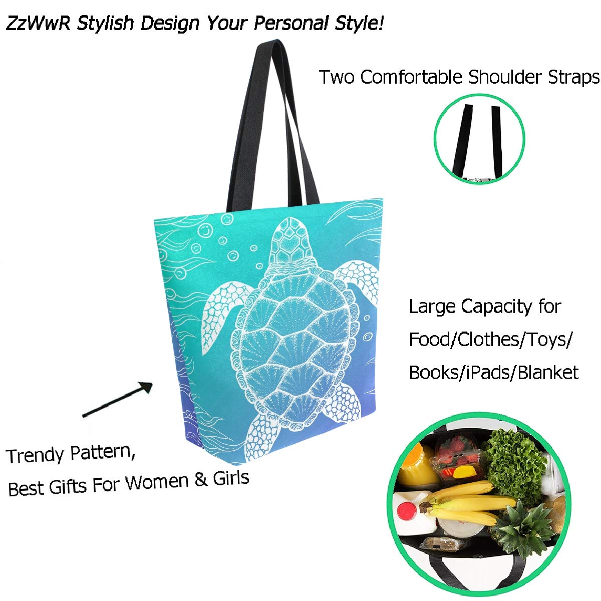 ZzWwR Chic Underwater Sea Turtle Seaweed Print Extra Large Canvas Beach Travel Reusable Grocery Shopping Tote Bag Portable Storage HandBag,Turquoise