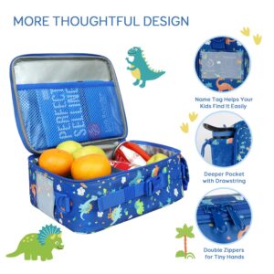 Kids Lunch Box Insulated with 2 Reusable Ice Packs, Large Lunch Bag Soft, Double Insulated, Durable, Water-Resistant Fabric with Zippered Pockets and Bottle Holder, Thermal Meal Tote Kit, Dinosaur