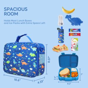 Kids Lunch Box Insulated with 2 Reusable Ice Packs, Large Lunch Bag Soft, Double Insulated, Durable, Water-Resistant Fabric with Zippered Pockets and Bottle Holder, Thermal Meal Tote Kit, Dinosaur