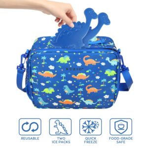 Kids Lunch Box Insulated with 2 Reusable Ice Packs, Large Lunch Bag Soft, Double Insulated, Durable, Water-Resistant Fabric with Zippered Pockets and Bottle Holder, Thermal Meal Tote Kit, Dinosaur