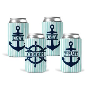 the navy knot personalized can cooler sleeves - slim cans beverage foldable cooler sleeves, sweat-proof can huggers for 12oz beverage bottles, cool boat accessories, 4 pk (nautical captain & crew)