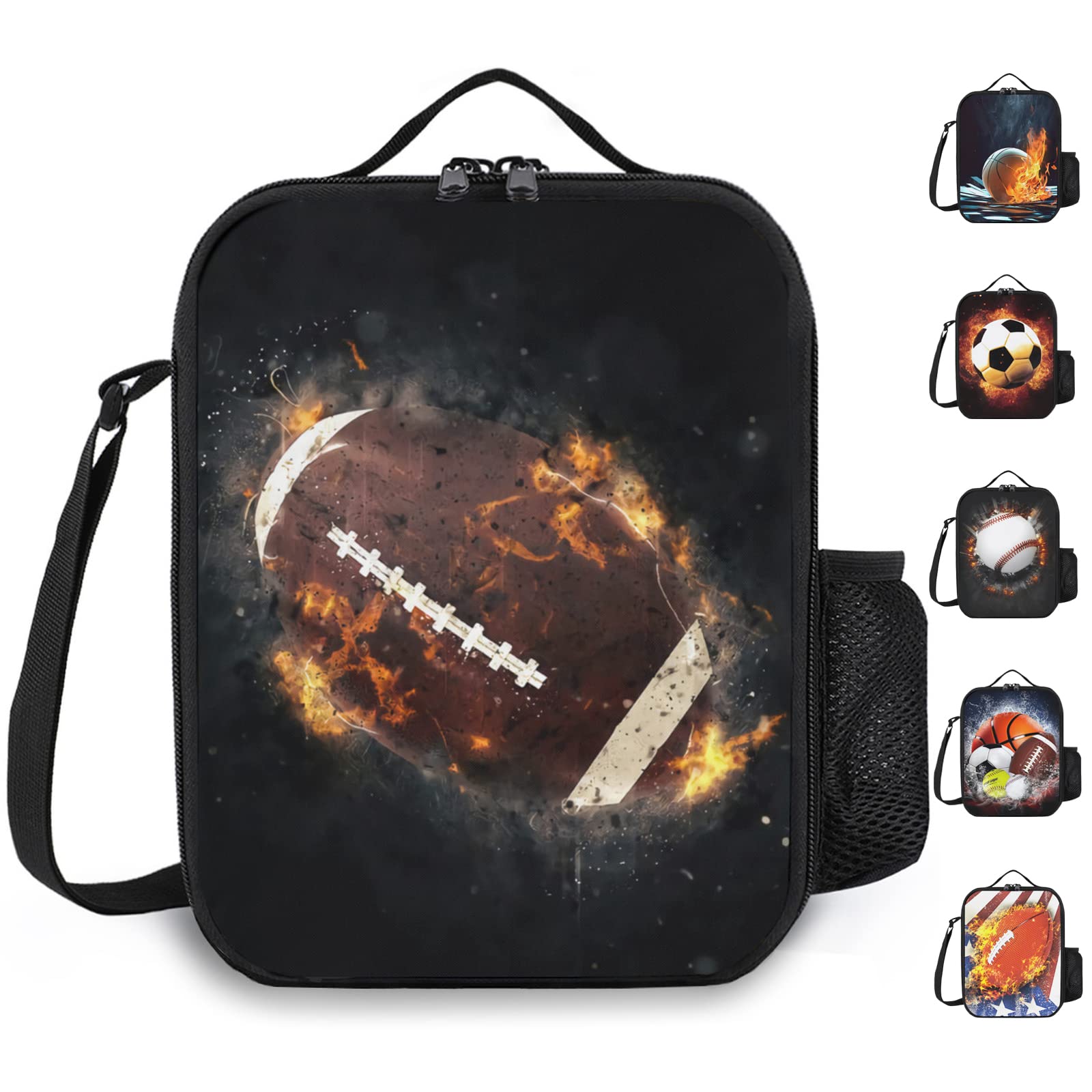 Insulated Lunch Box for Boys Girls, Reusable Football Lunch Bags, Waterproof Cooler Tote Bag with Adjustable Shoulder Strap and Water Bottle Holder