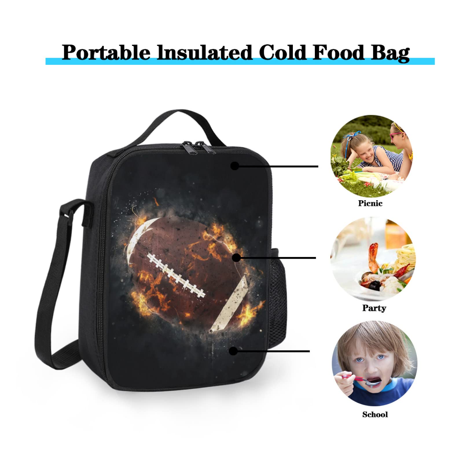 Insulated Lunch Box for Boys Girls, Reusable Football Lunch Bags, Waterproof Cooler Tote Bag with Adjustable Shoulder Strap and Water Bottle Holder