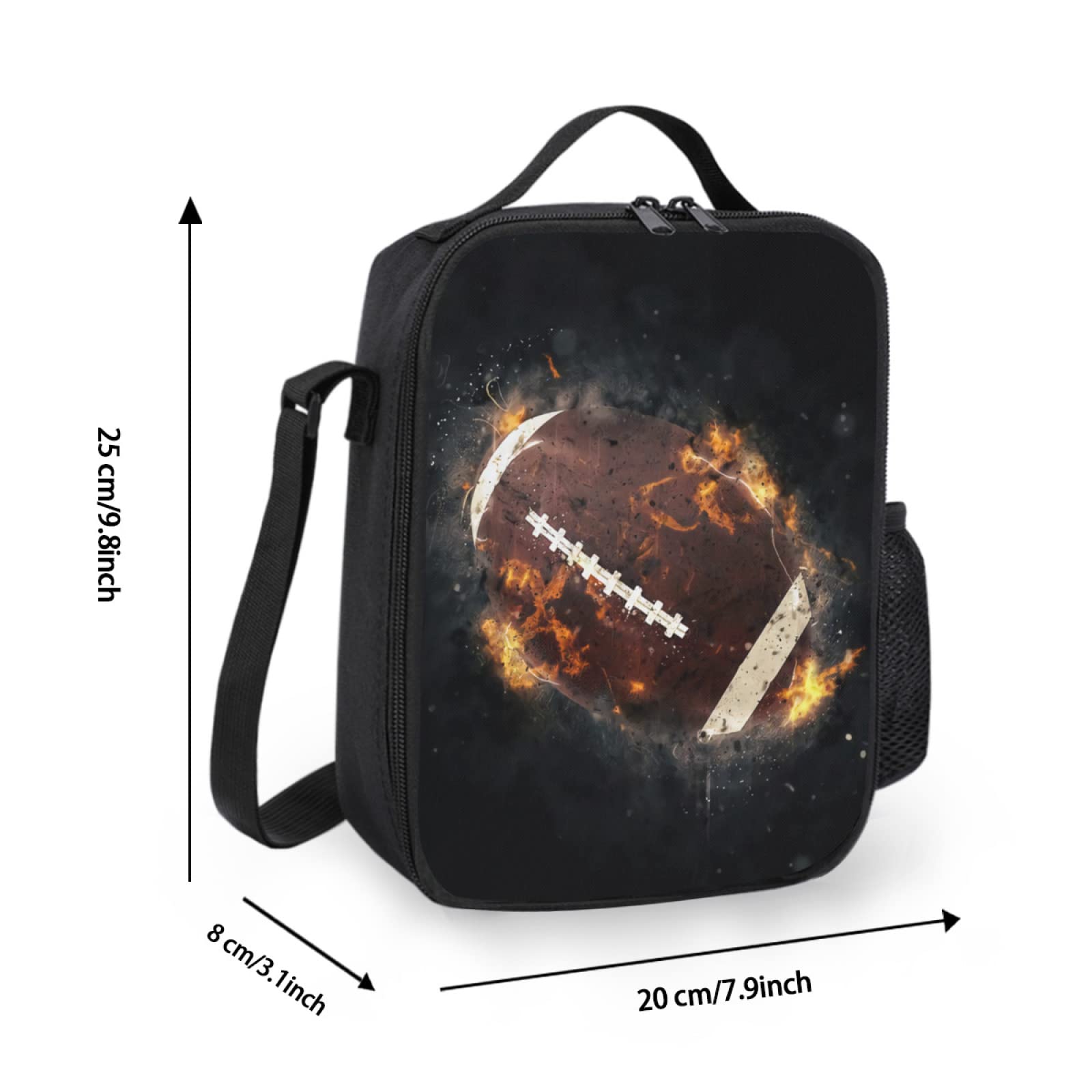 Insulated Lunch Box for Boys Girls, Reusable Football Lunch Bags, Waterproof Cooler Tote Bag with Adjustable Shoulder Strap and Water Bottle Holder