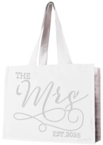 gift bag for bride - crystal rhinestone the mrs. est. 2025 rhinestone modern canvas tote bag - bridal shower gifts - white tote(mod 2025 rs) wht