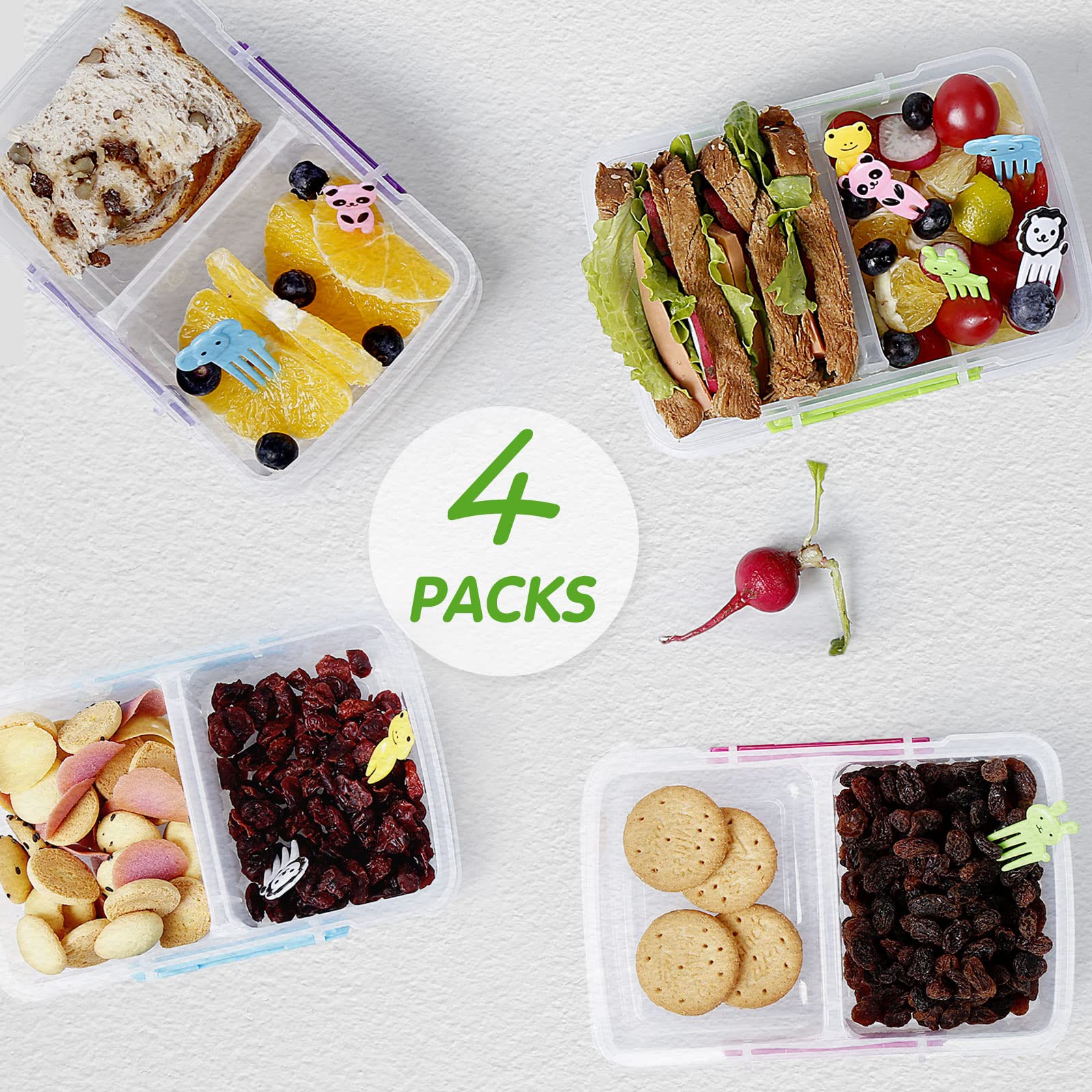 Greentainer 4 Pack Plastic Snack Containers for Kids Bento Boxs with 2 Compartments Travel Snack Container Sandwiches/Fruits/Candies Food Storage Containers BPA Free Dishwasher Safe