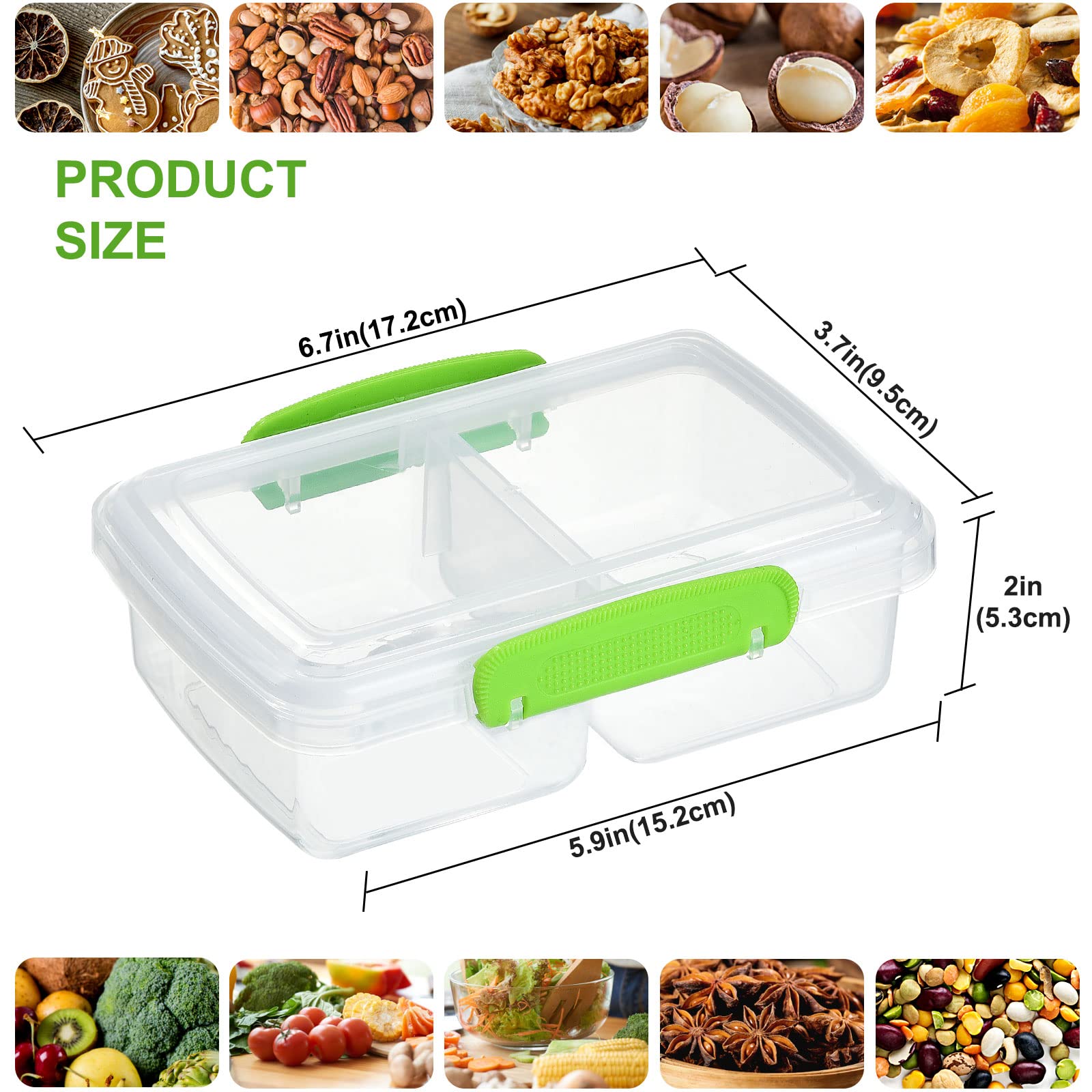 Greentainer 4 Pack Plastic Snack Containers for Kids Bento Boxs with 2 Compartments Travel Snack Container Sandwiches/Fruits/Candies Food Storage Containers BPA Free Dishwasher Safe