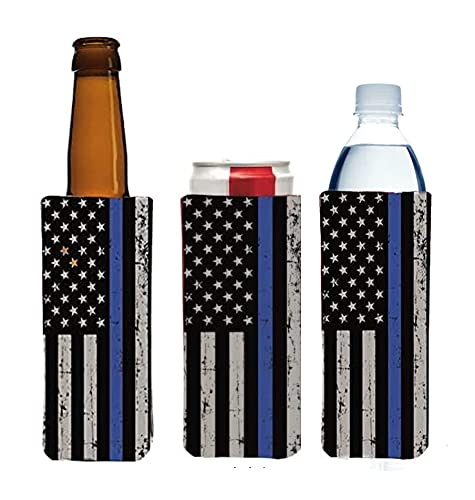 PKM - (2) Back the Blue Thin Blue Line Slim Can Cooler Sleeve - Beer Blank Skinny 12 oz Neoprene Coolie - Perfect For 12oz Red Bull, Michelob Ultra,Truly