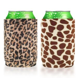 casa-eco carol velvet neoprene beer soda can cooler sleeves, cold beverages bottle insulated cover for bbq, bachelor, wedding party, 2-pack (giraffe-cheetah)