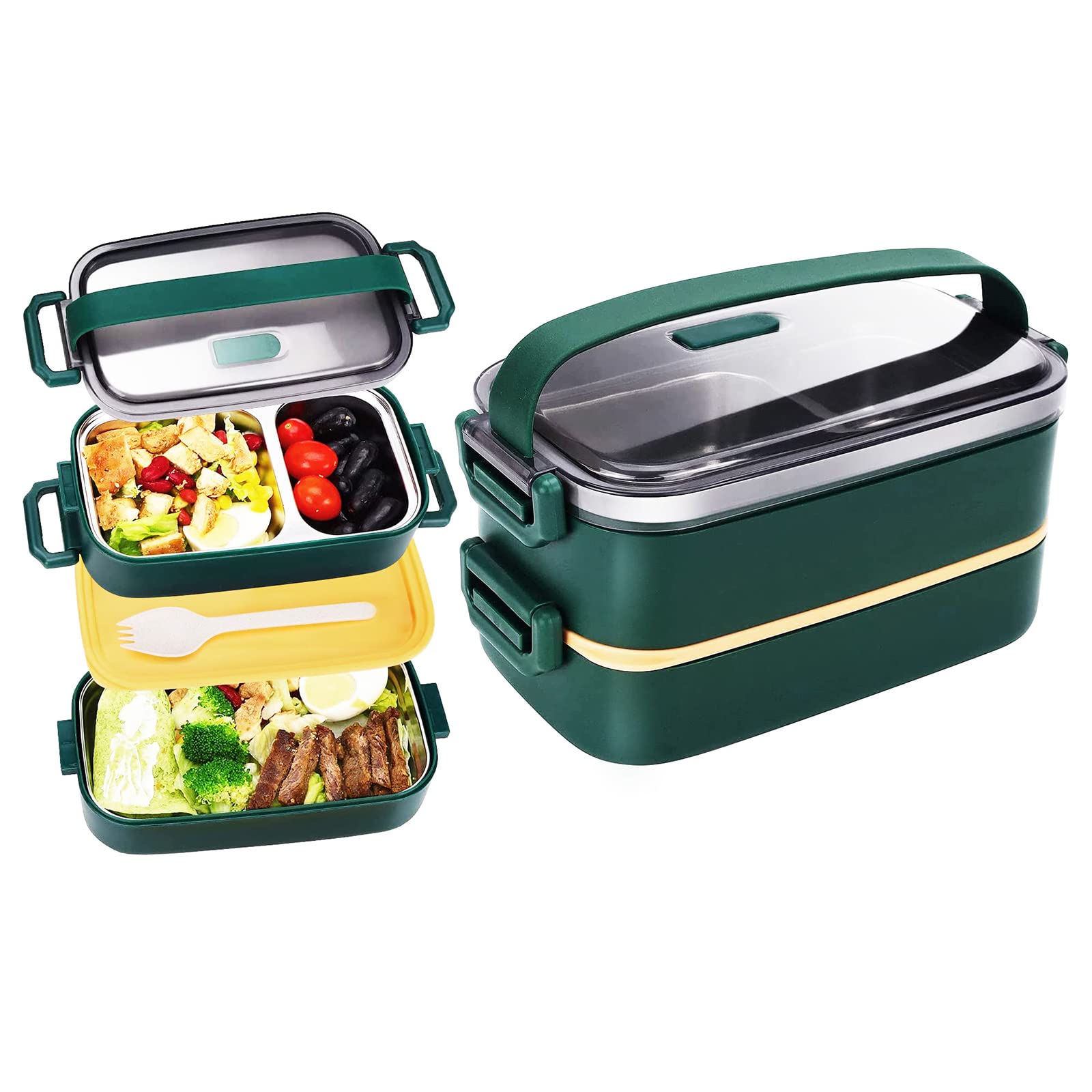 JUBOSYCZ Stainless Steel Bento Box for Adults&Kids,Japanese Leakproof Lunch Box Divided Food Meal Storage Containers Set Stackable 2 Layer for Children School Picnic Green