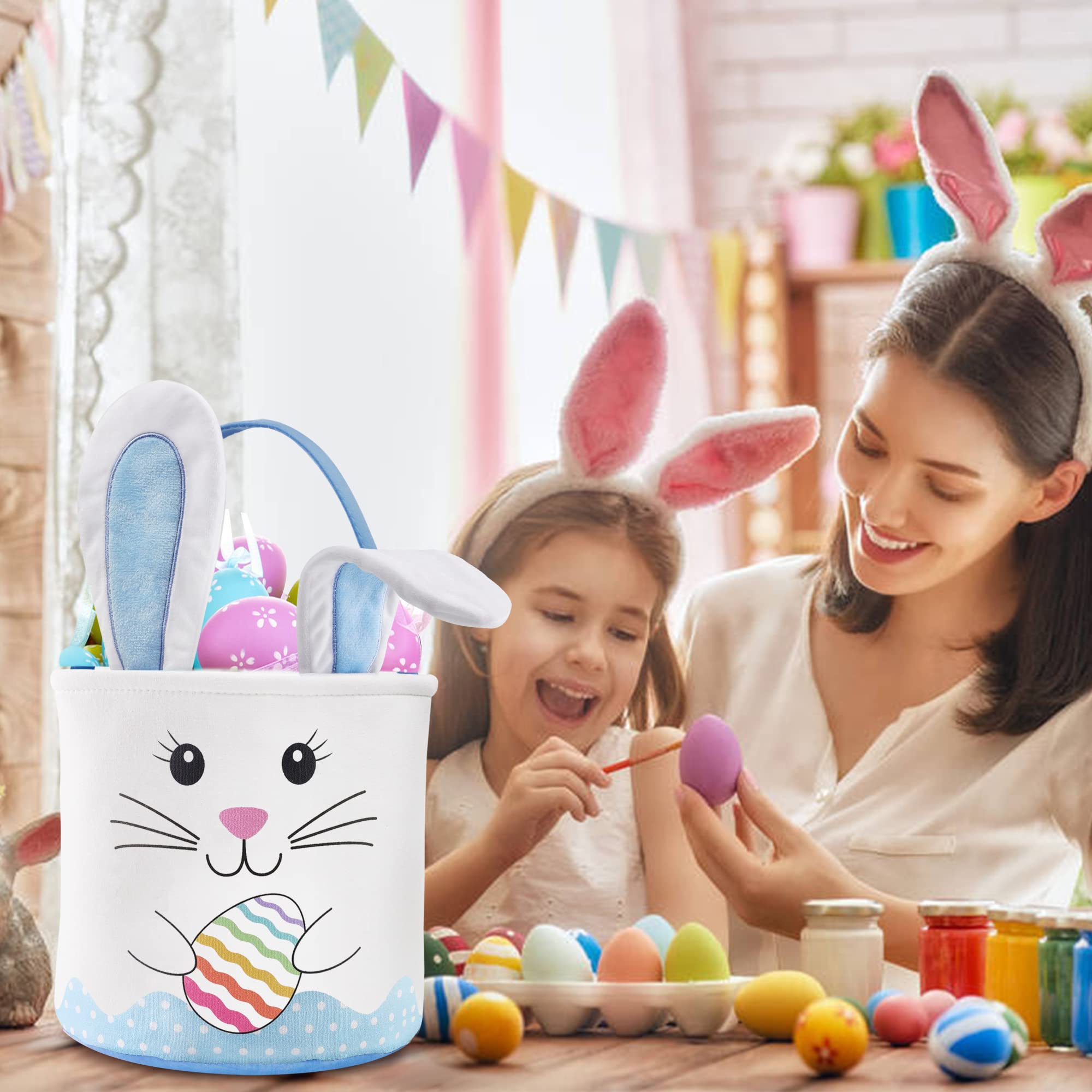 Easter Basket for Kids, Easter Egg Bag with Bunny Ears, Easter Canvas Tote Bag Candy Gift Bag, Easter Bunny Bucket Easter Egg Hunt Game Party Gift (Blue)