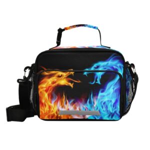 kfbe gold flame kids lunch box insulated blue dragon lunch bags cooler tote bag with removable shoulder strap for boy girl student (20824031), one size