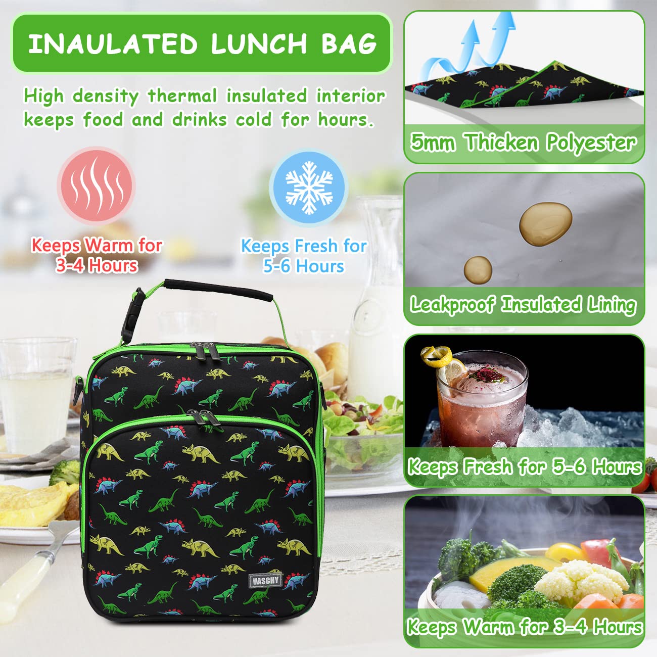 VASCHY Lunch Boxes Bag for Kids, Reusable Lunch Box Containers for Boys and Girls with Detachable Shoulder Strap, Insulated Lunch Coolers for School Cute Dinosaur