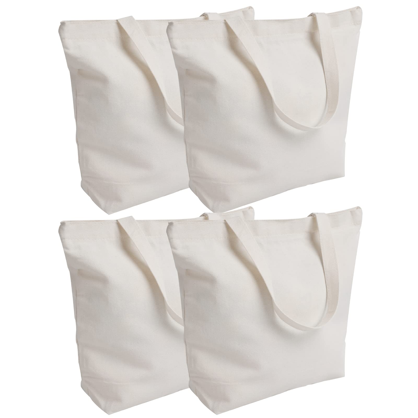 Acoavo Grocery Bag with Zipper 4 Pack 15.7'' × 13.7'' Reusable Canvas Tote Bags Bulk for Shopping Bags DIY Gift Bags White