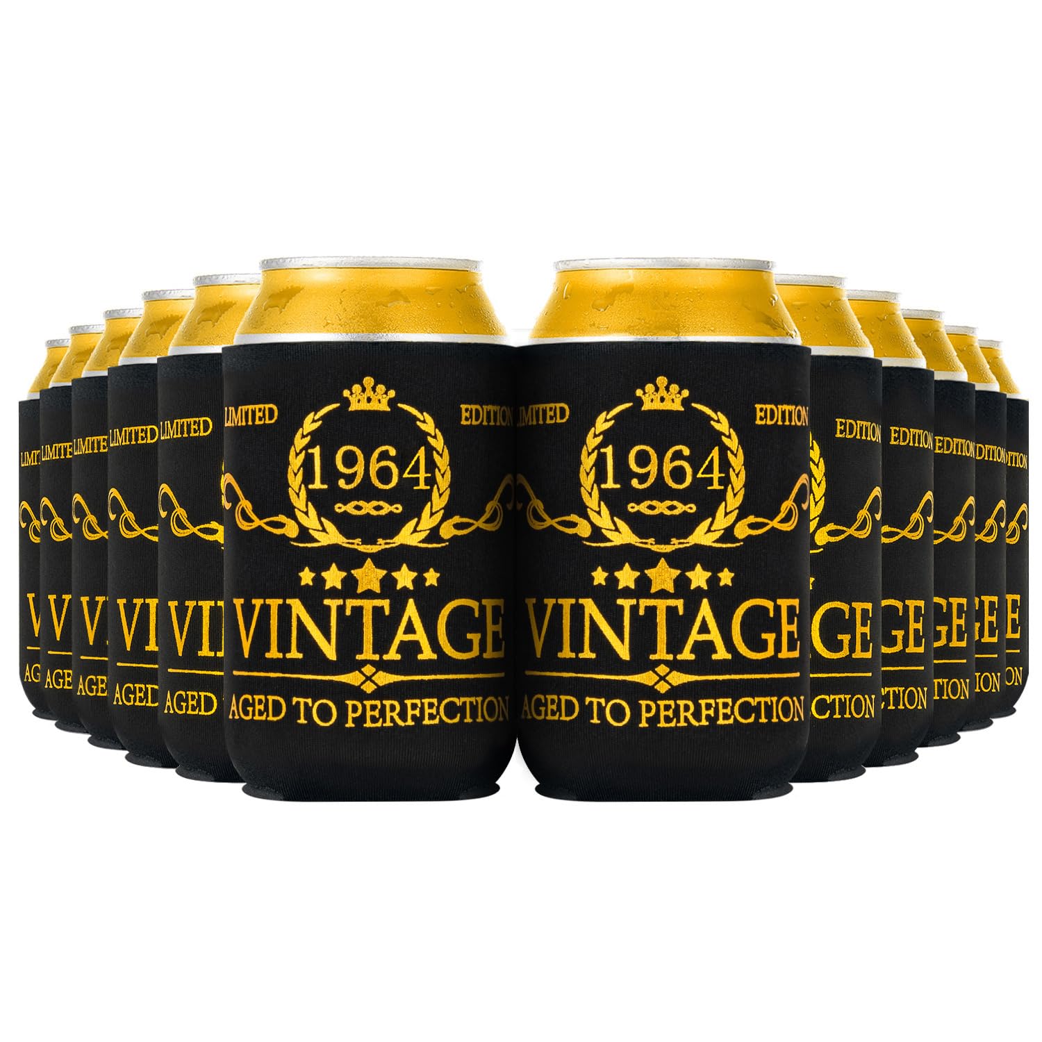 Crisky Vintage 1964 Can Coolers 60th Birthday Beer Sleeve Party Favor 60th Birthday Decoarions Black and Gold, Can Insulated Covers Neoprene Coolers for Soda, Beer, Beverage, 12 pcs