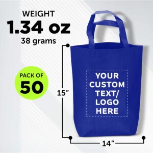 DISCOUNT PROMOS Custom Large Reusable Heavy Duty Tote Bag - 50 Pack - Personalized Logo, Text - Beach Shopping Bag - Reflex Blue