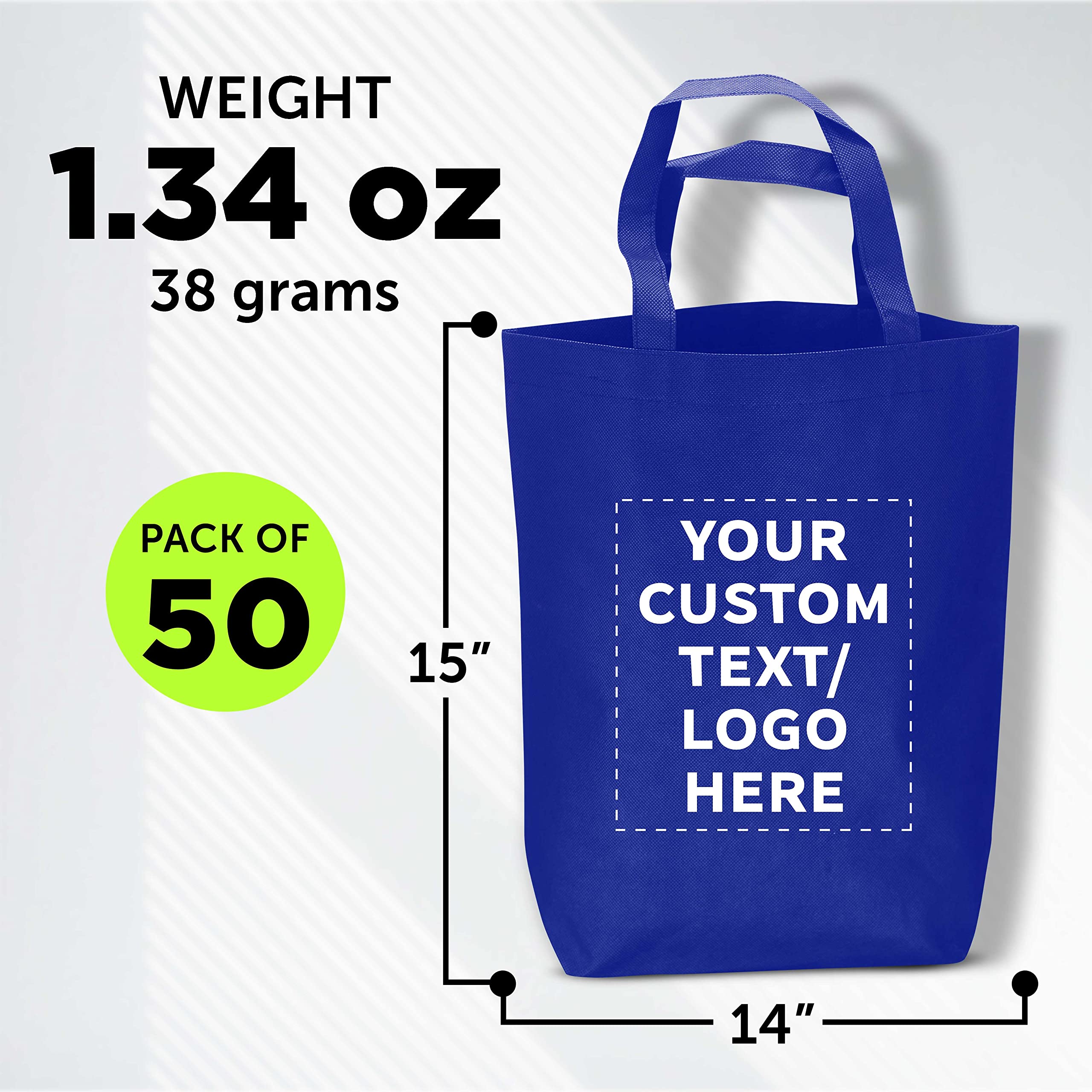 DISCOUNT PROMOS Custom Large Reusable Heavy Duty Tote Bag - 50 Pack - Personalized Logo, Text - Beach Shopping Bag - Reflex Blue