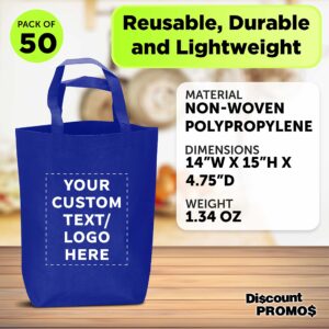 DISCOUNT PROMOS Custom Large Reusable Heavy Duty Tote Bag - 50 Pack - Personalized Logo, Text - Beach Shopping Bag - Reflex Blue