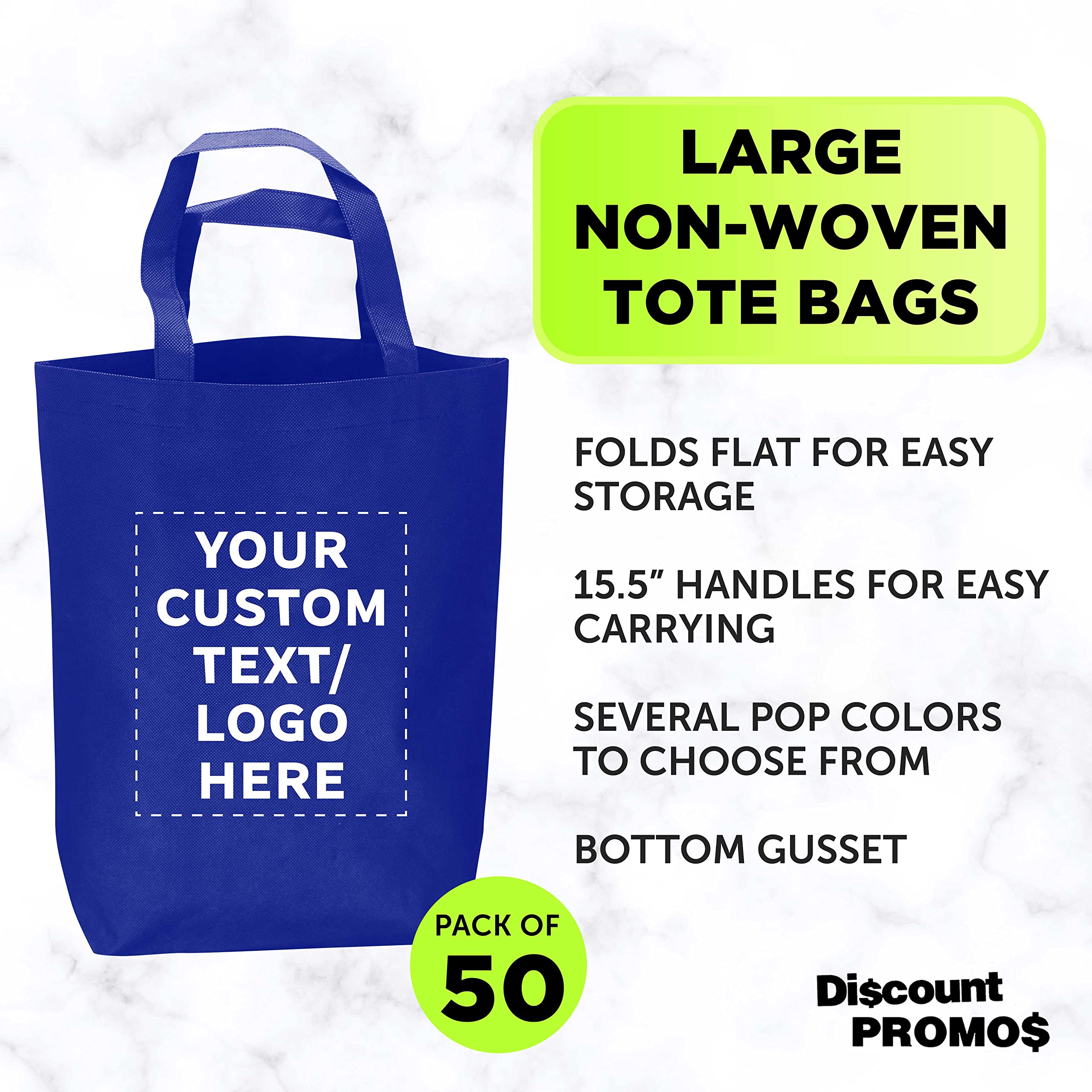 DISCOUNT PROMOS Custom Large Reusable Heavy Duty Tote Bag - 50 Pack - Personalized Logo, Text - Beach Shopping Bag - Reflex Blue