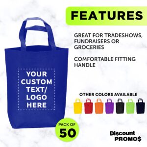 DISCOUNT PROMOS Custom Large Reusable Heavy Duty Tote Bag - 50 Pack - Personalized Logo, Text - Beach Shopping Bag - Reflex Blue