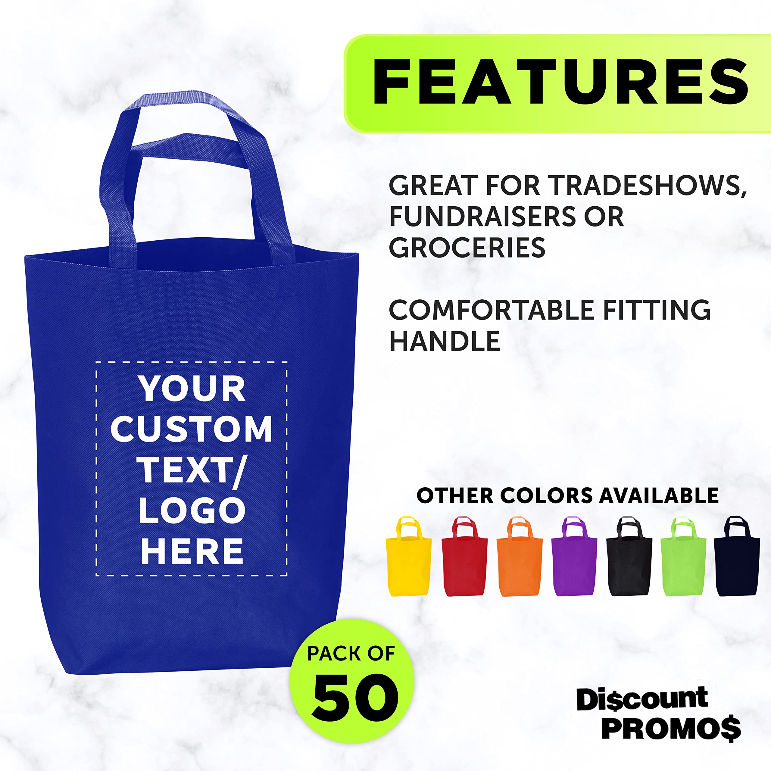 DISCOUNT PROMOS Custom Large Reusable Heavy Duty Tote Bag - 50 Pack - Personalized Logo, Text - Beach Shopping Bag - Reflex Blue