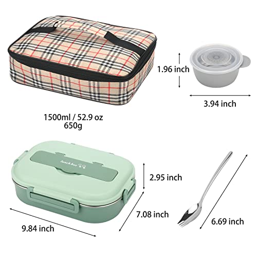 GESPERT Bento Box for Adult, Large 1500ML Capacity 316 Stainless Steel Bento Lunch Box Container with Insulated Bag and Durable Spork, Microwave/Freezer/Dishwasher Safe (Green)