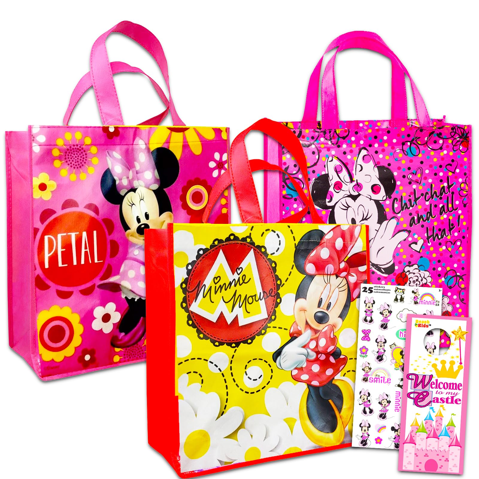 Disney Minnie Mouse Tote Bags Value Bundle - 3 Pc Minnie Reusable Large Tote Minnie Mouse Grocery Bags with Minnie Mouse Stickers (Minnie Accessories)