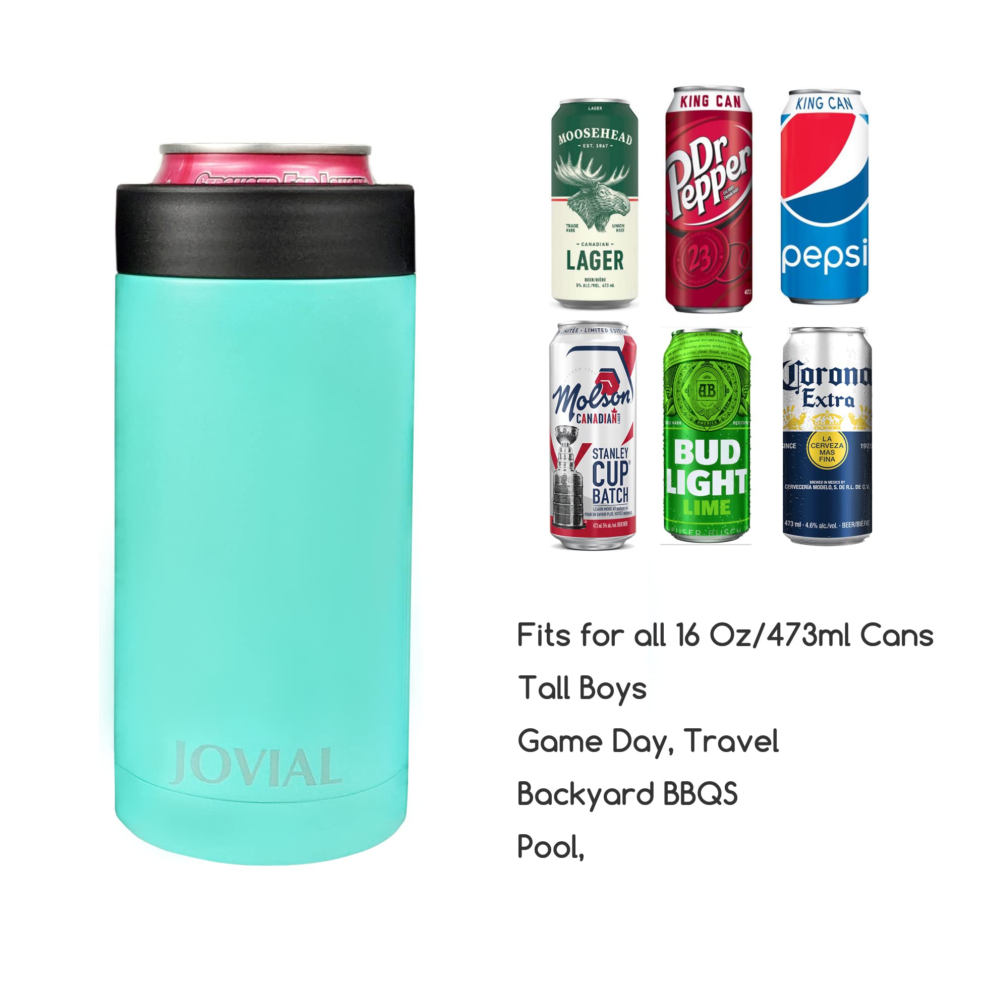 JOVIAL 16 Oz Insulated Stainless Steel Can Cooler,double wall insulated Can holder/insulator/Coozie,Tall Boy Sleeve for all 16 Oz beer/soda/pop/coke Cans. (16 Oz, Black+Seafoam, 2)