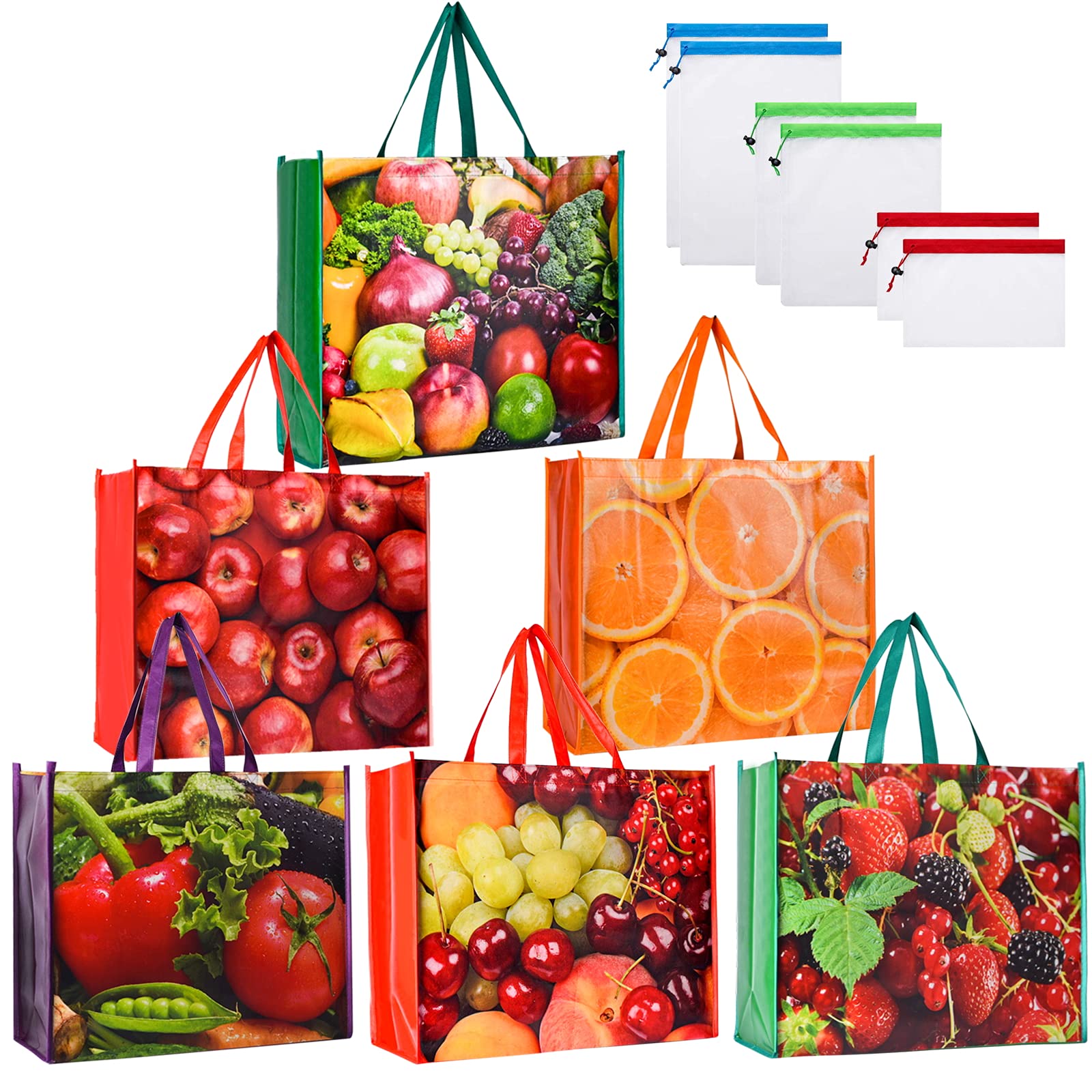 Kitchen Reusable Grocery Bags Set of 6 Heavy Duty Foldable Shopping Tote with 6 Pcs Mesh Produce Bags for Groceries Food Strong Durable Extra Large Bulk Fruit Vegetable Bag with Handles Easy to Clean