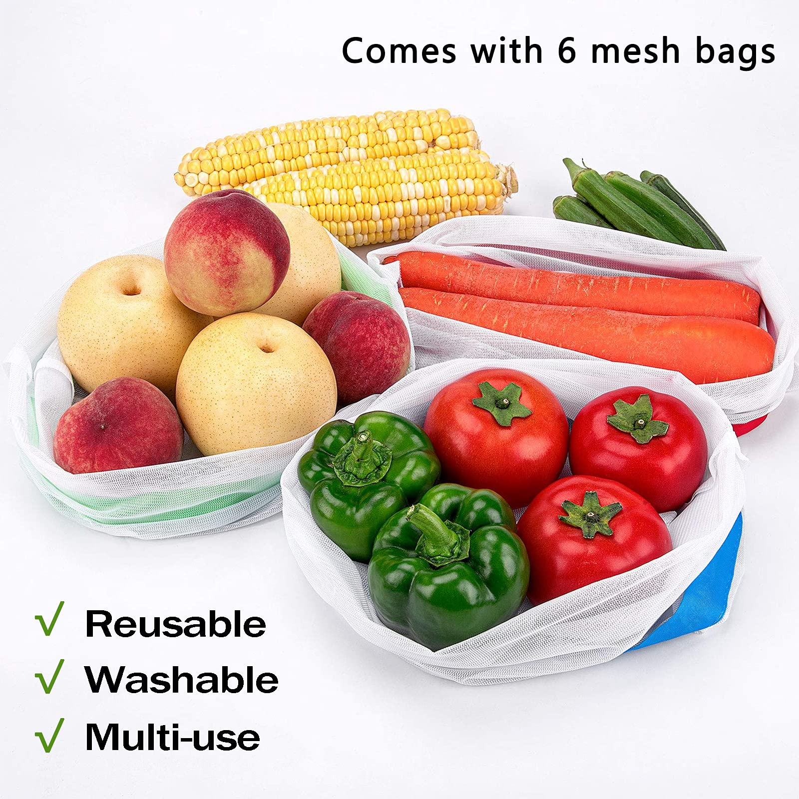 Kitchen Reusable Grocery Bags Set of 6 Heavy Duty Foldable Shopping Tote with 6 Pcs Mesh Produce Bags for Groceries Food Strong Durable Extra Large Bulk Fruit Vegetable Bag with Handles Easy to Clean