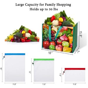 Kitchen Reusable Grocery Bags Set of 6 Heavy Duty Foldable Shopping Tote with 6 Pcs Mesh Produce Bags for Groceries Food Strong Durable Extra Large Bulk Fruit Vegetable Bag with Handles Easy to Clean