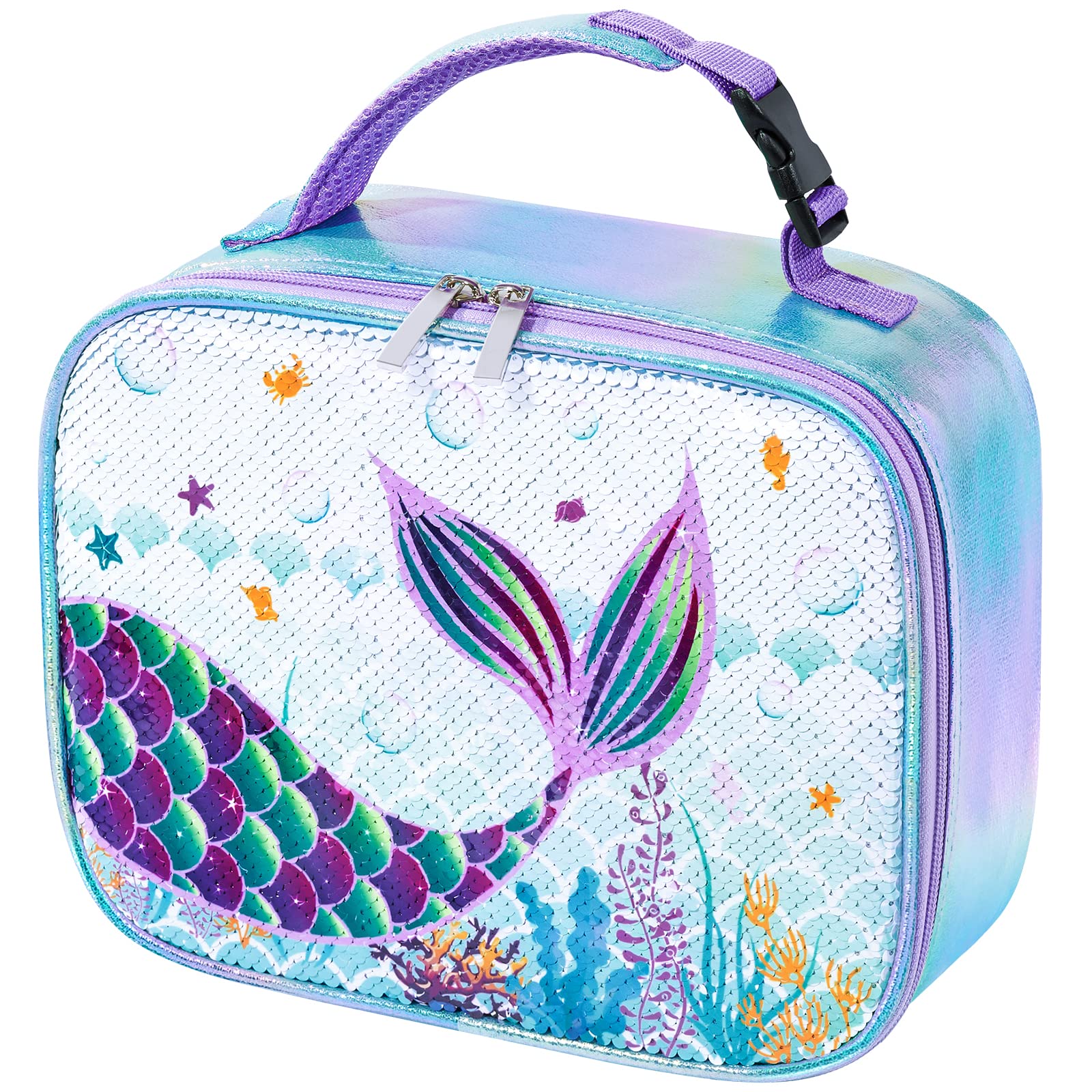 Sequins Mermaid Lunch Box- Insulated Bento Lunch Box for Kids Girls Lunch Bag School Preschool Picnic Camping Blue Polyester Lunch Tote Bag with Handle and Pocket Waterproof Reusable