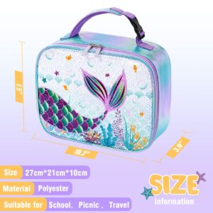 Sequins Mermaid Lunch Box- Insulated Bento Lunch Box for Kids Girls Lunch Bag School Preschool Picnic Camping Blue Polyester Lunch Tote Bag with Handle and Pocket Waterproof Reusable