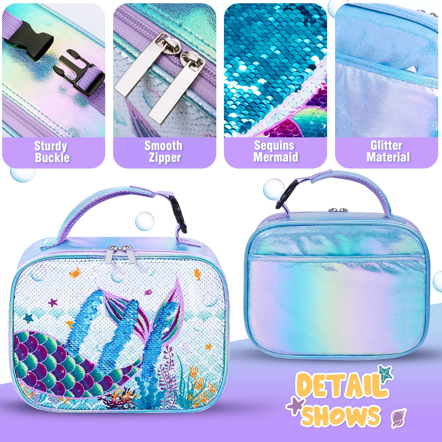 Sequins Mermaid Lunch Box- Insulated Bento Lunch Box for Kids Girls Lunch Bag School Preschool Picnic Camping Blue Polyester Lunch Tote Bag with Handle and Pocket Waterproof Reusable