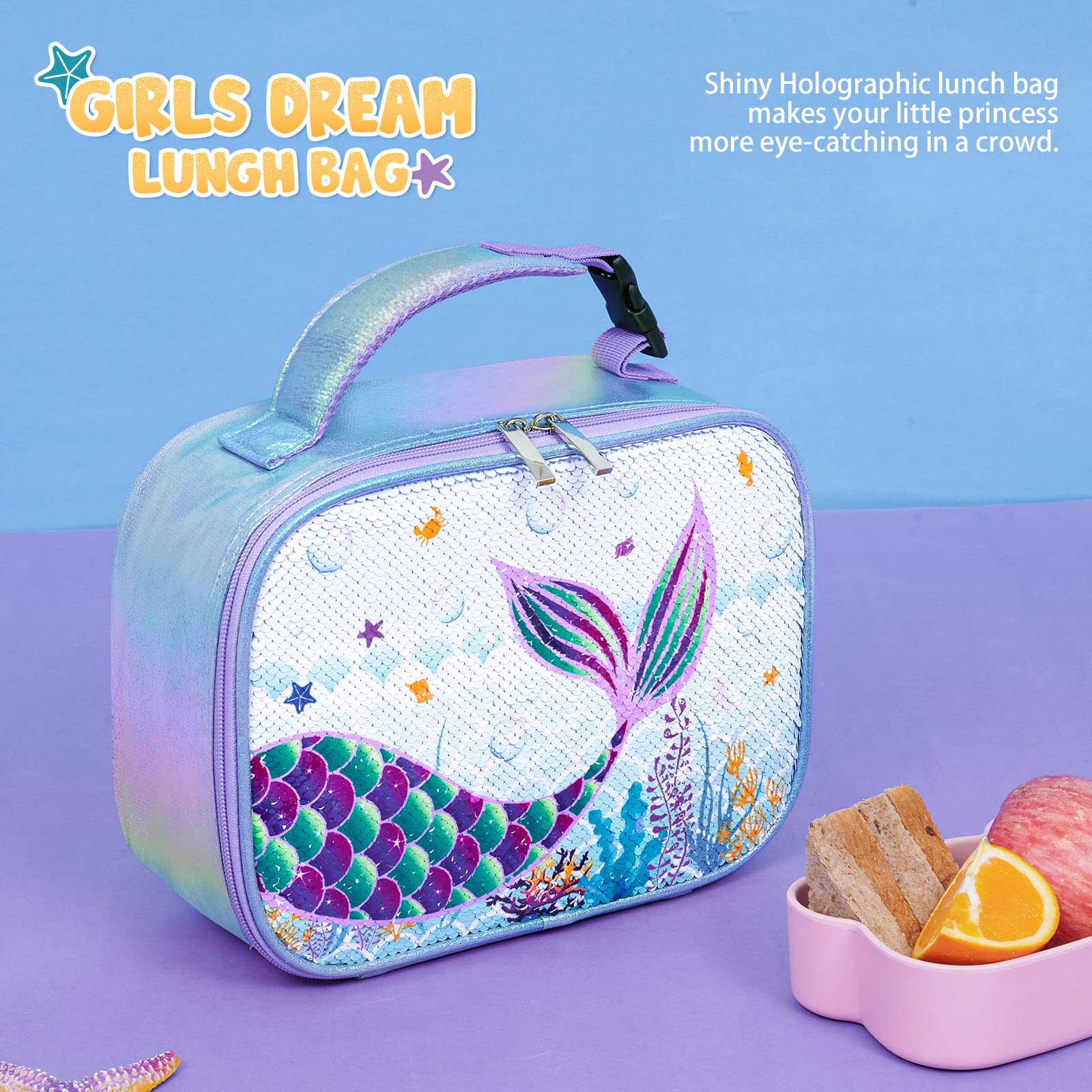 Sequins Mermaid Lunch Box- Insulated Bento Lunch Box for Kids Girls Lunch Bag School Preschool Picnic Camping Blue Polyester Lunch Tote Bag with Handle and Pocket Waterproof Reusable